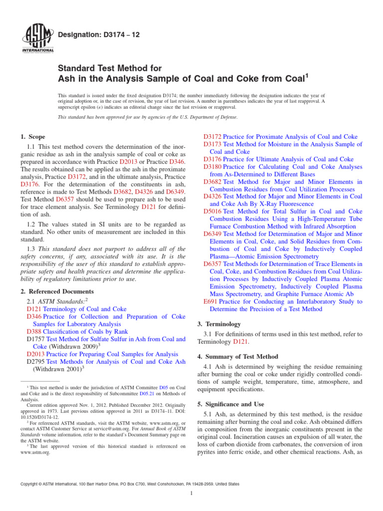 Ash in The Analysis Sample of Coal and Coke From Coal: Standard Test ...