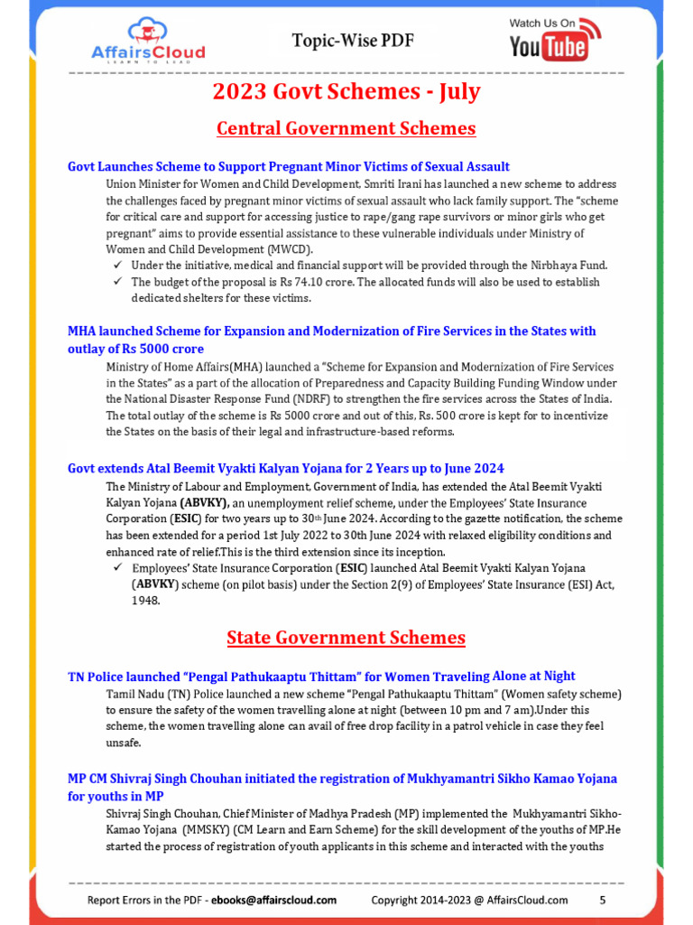 July 2023 Government Schemes Overview | PDF | Government Of India