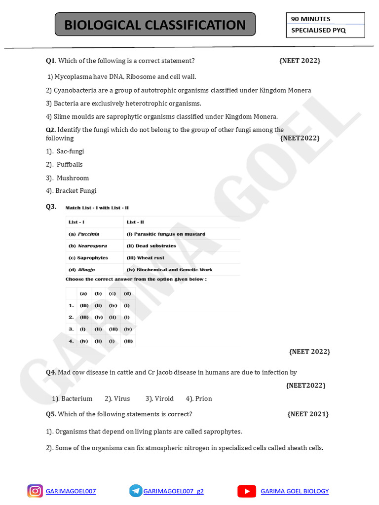 20 Years Speciliased Pyq Garima Goel Biological Classification | PDF | Cell (Biology) | Bacteria