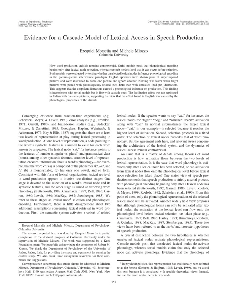 Evidence For A Cascade Model of Lexical Access in Speech Production | PDF | Word | Lexicon