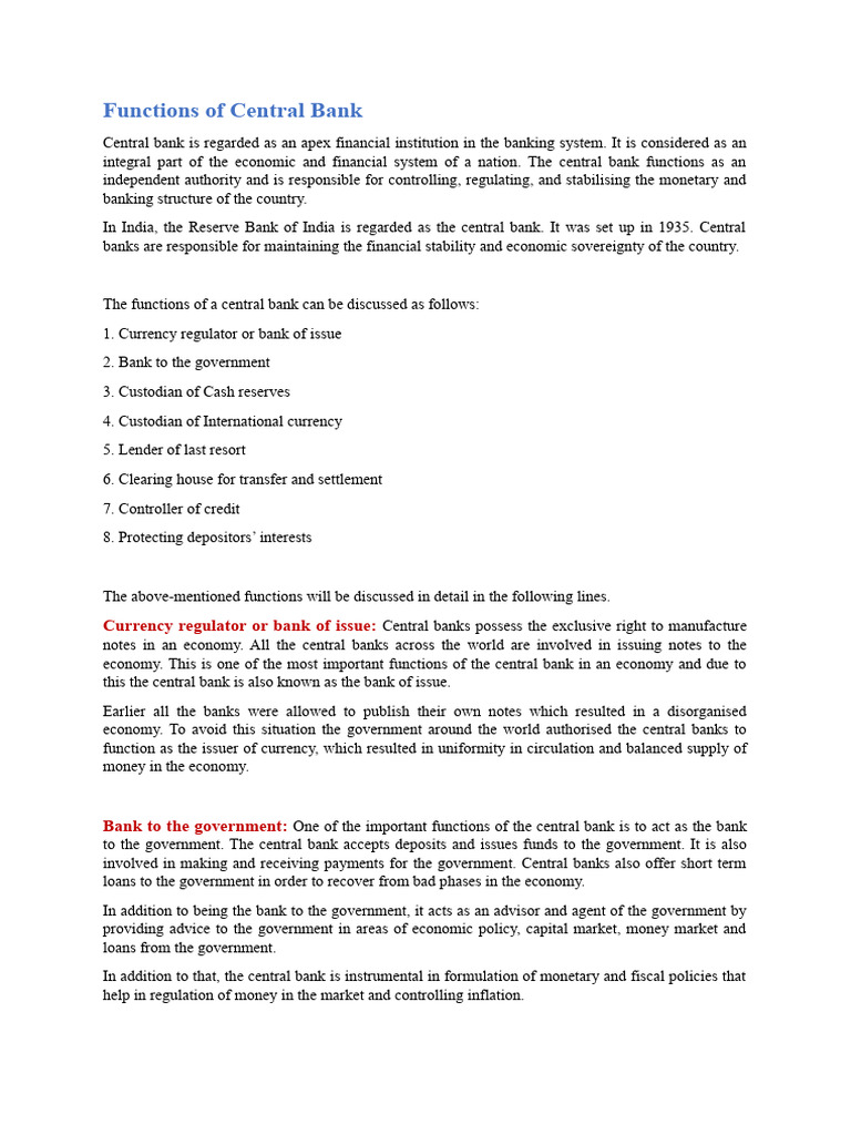 Functions of Central Bank | Download Free PDF | Central Banks | Reserve Bank Of India