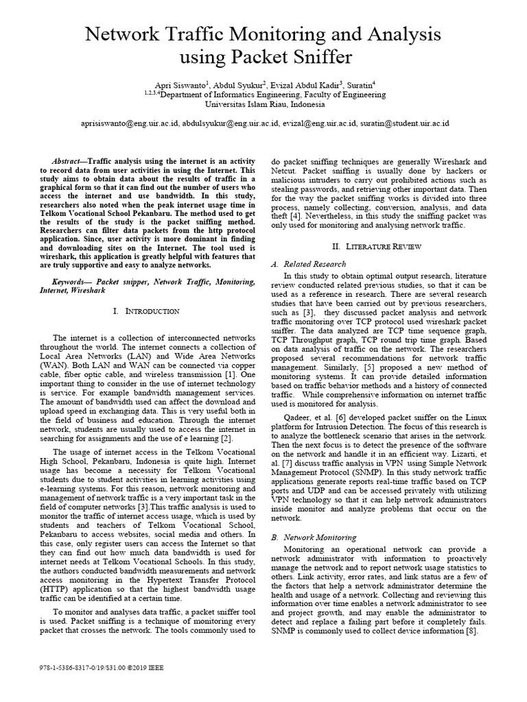 Network Traffic Monitoring and Analysis Using Packet Sniffer | PDF | Computer Network | Internet