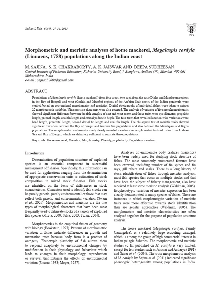 Morphometric Analysis of Horse Mackerel | PDF | Morphometrics | F Test