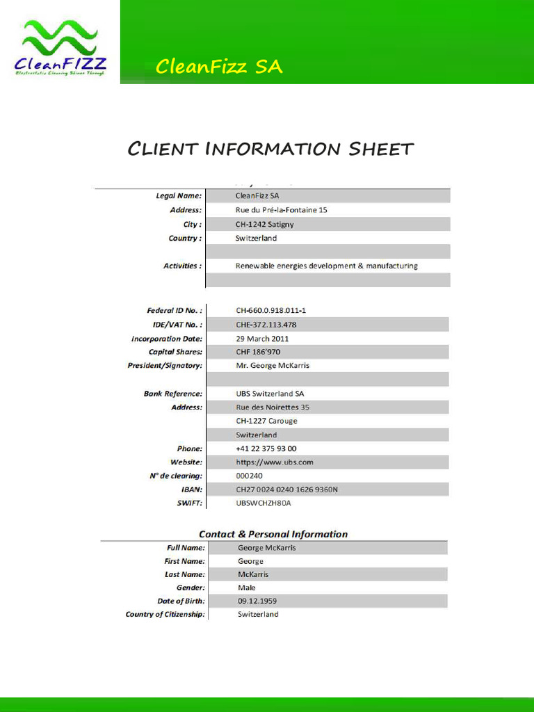 CleanFizz SA Client Info Sheet | PDF