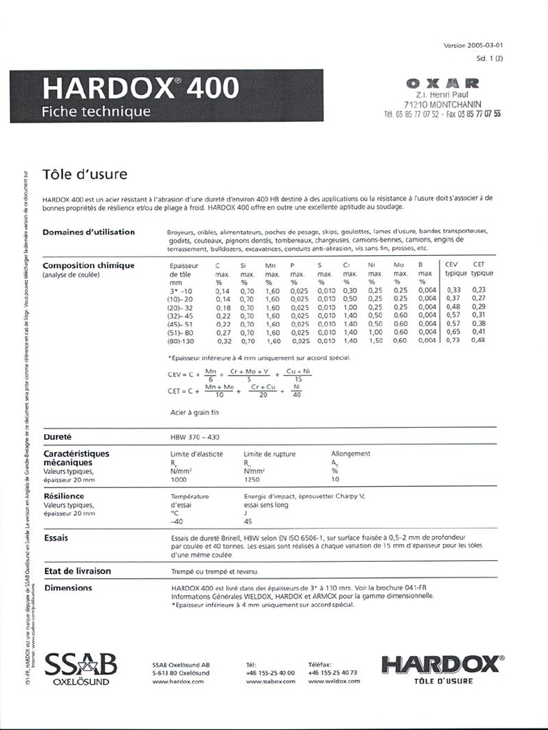 97-Fiche Technique Hardox 400 450 | PDF