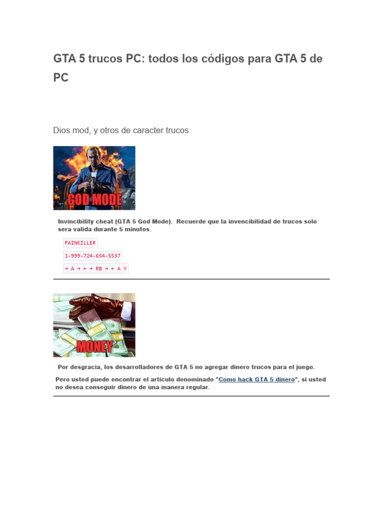 GTA 5 Trucos PC Todos Los Códigos para GTA 5 de PC | PDF | Videojuego Gameplay | Juego de azar