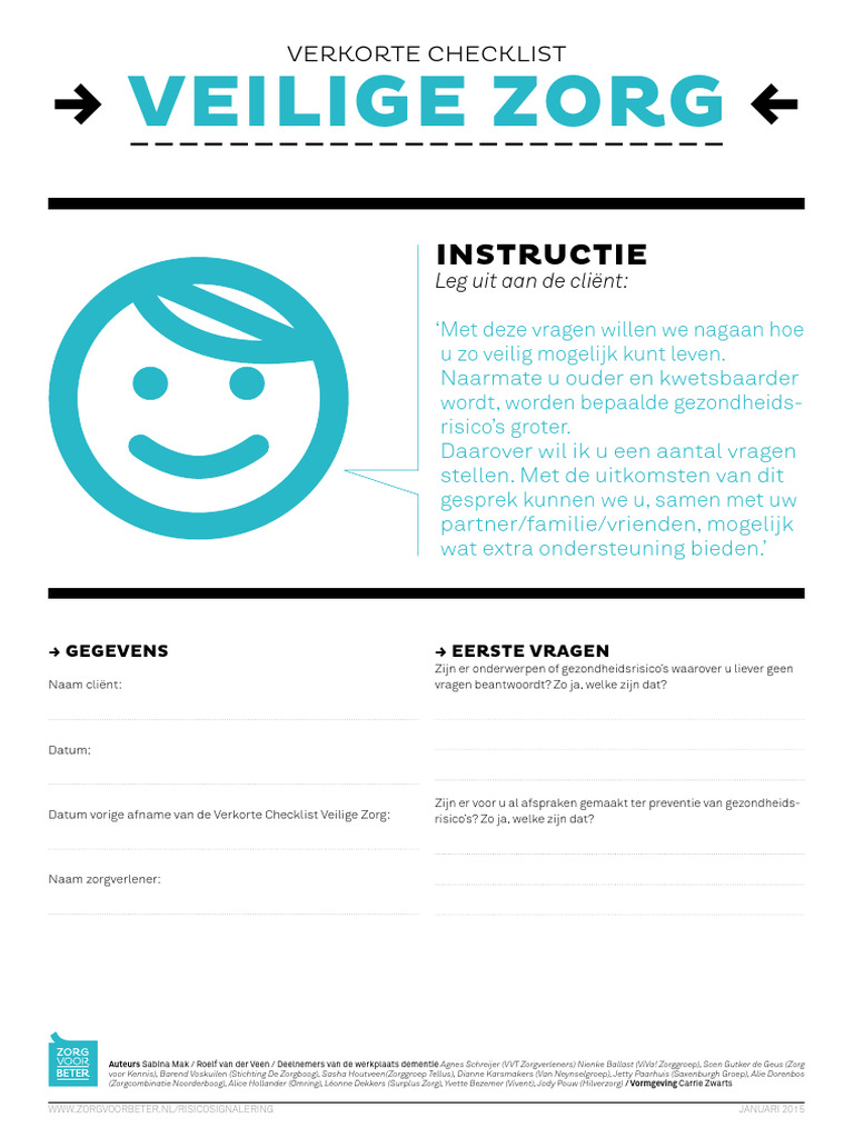 Verkorte Checklist Veilige Zorg Risicosignalering | PDF