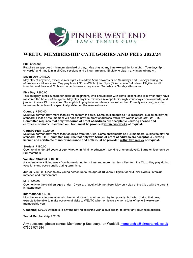 WELTC 2023-24 Membership Categories and Fees | PDF | Vehicle Insurance