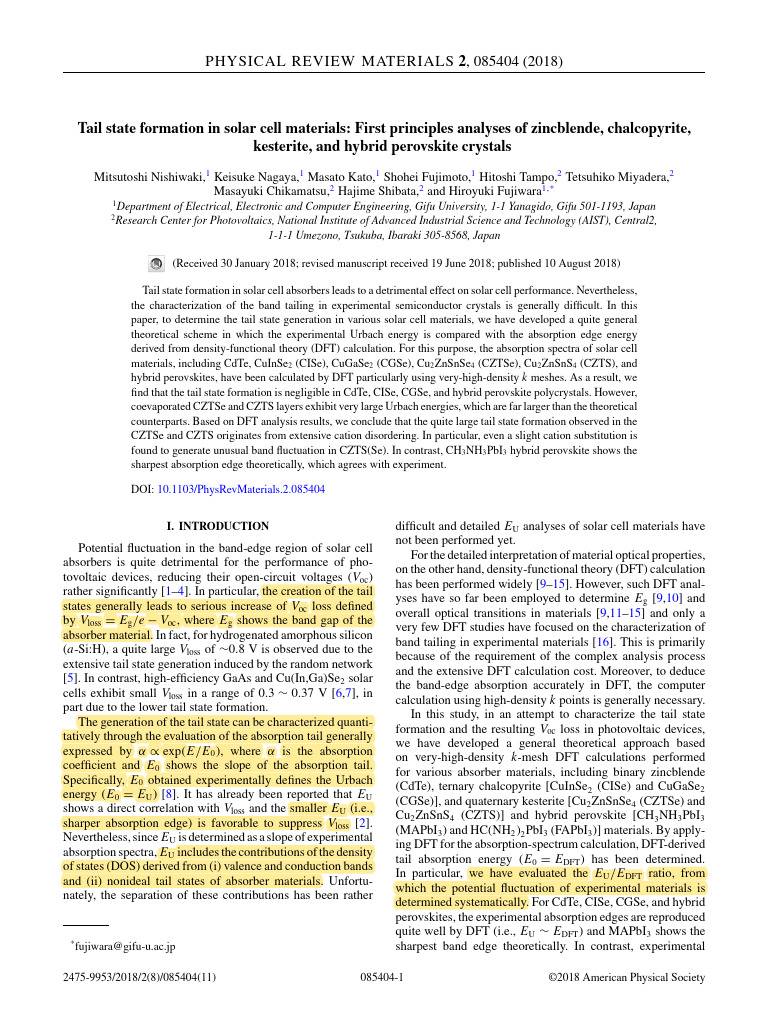 Tail State Formation in Solar Cell Materials | PDF | Absorption ...