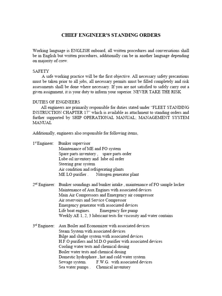 CHIEF ENGINEER Standing Orders | Download Free PDF | Mechanical Engineering