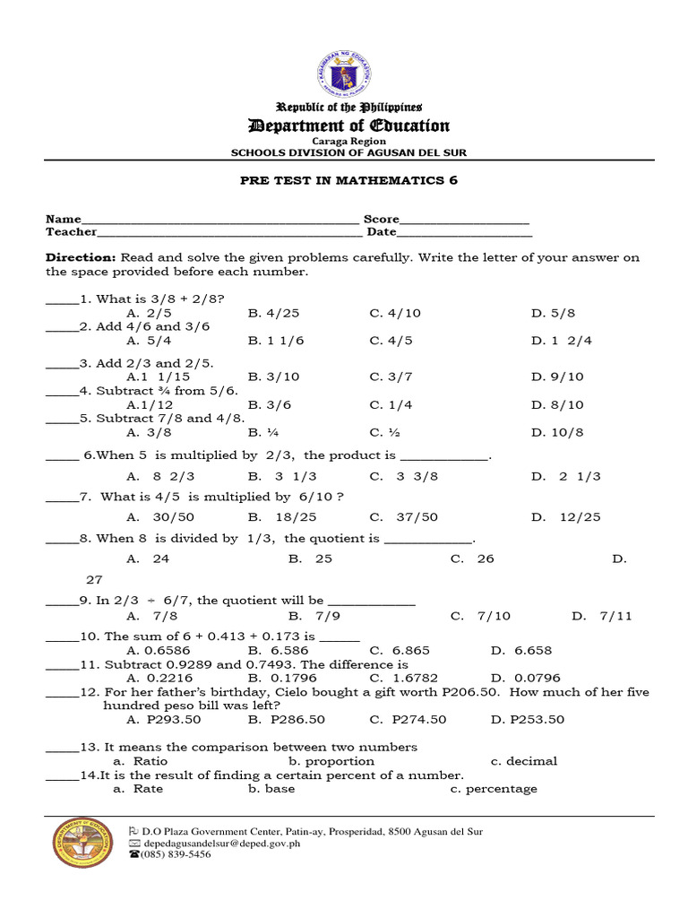 Math6-Diagnostic-Test | PDF | Triangle | Ratio