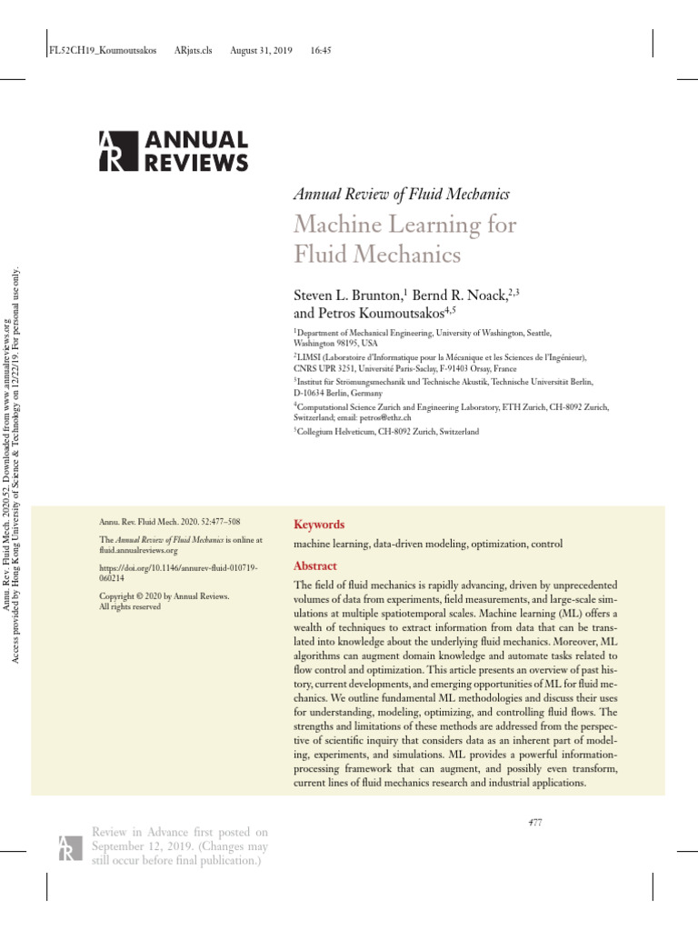 2020 - Machine Learning For Fluid Mechanics | PDF | Machine Learning | Data