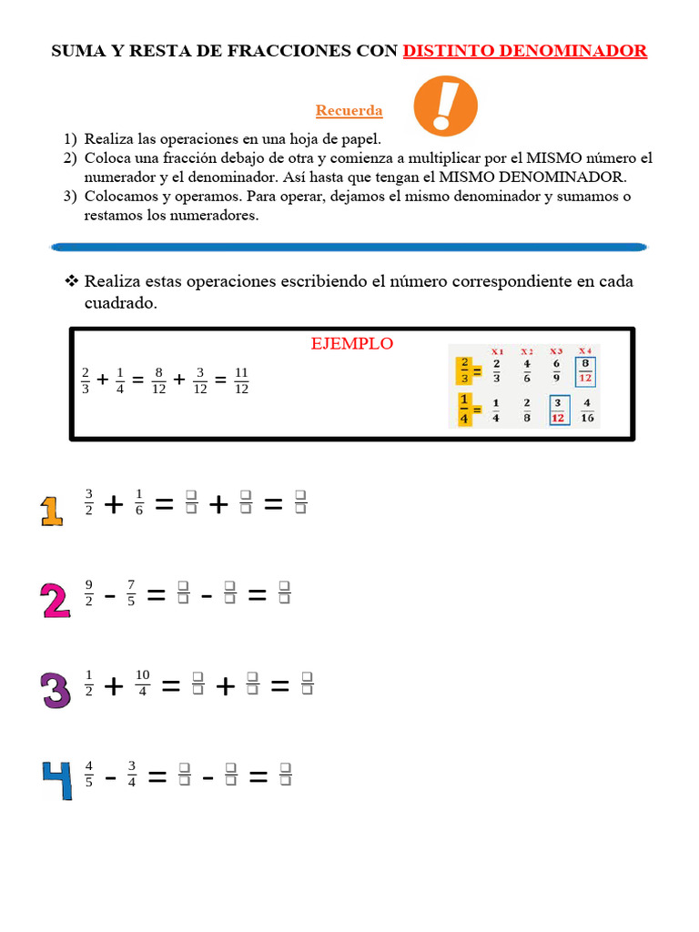 Suma y Resta de Fracciones Con Distinto Denominador | PDF