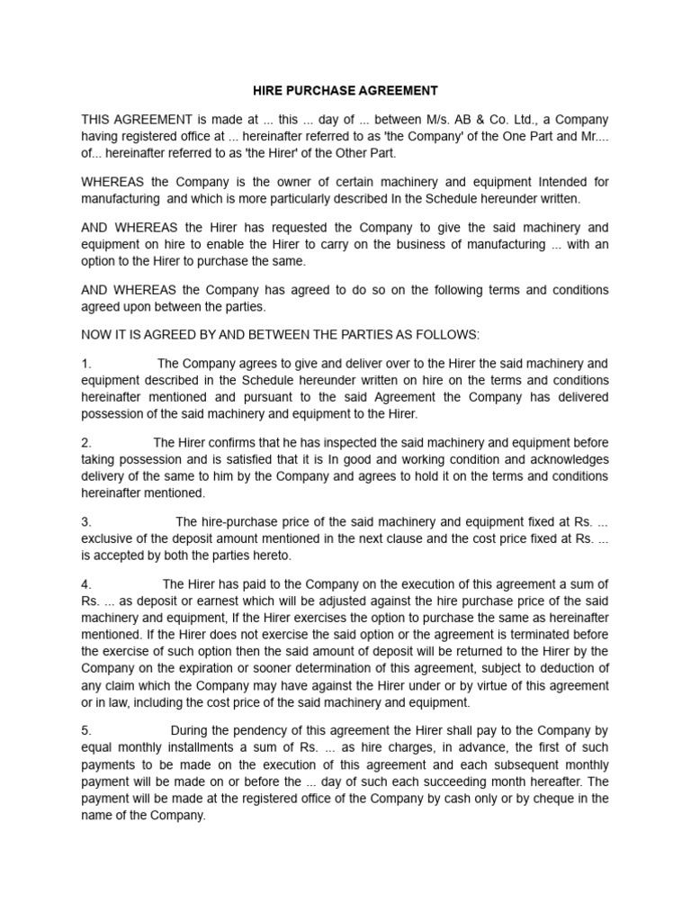 Hire Purchase Agreement | Download Free PDF | Arbitration | Private Law