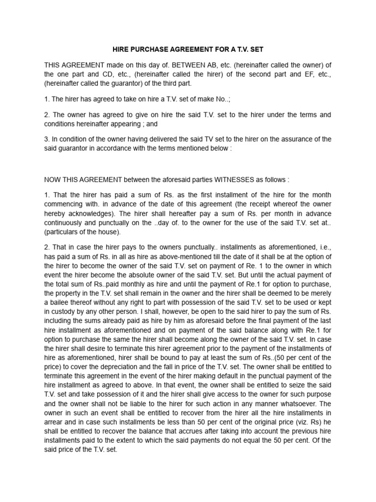 Hire Purchase Agreement for TV Set | PDF | Payments | Surety