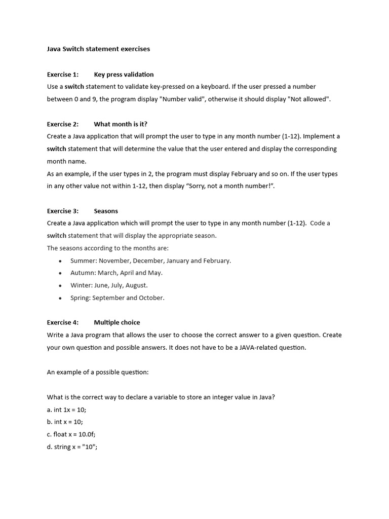 Java Switch Statement Exercises1 Pdf 