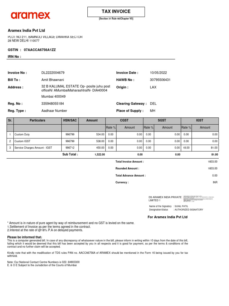 Tax Invoice: Aramex India PVT LTD | PDF | Government | Economies