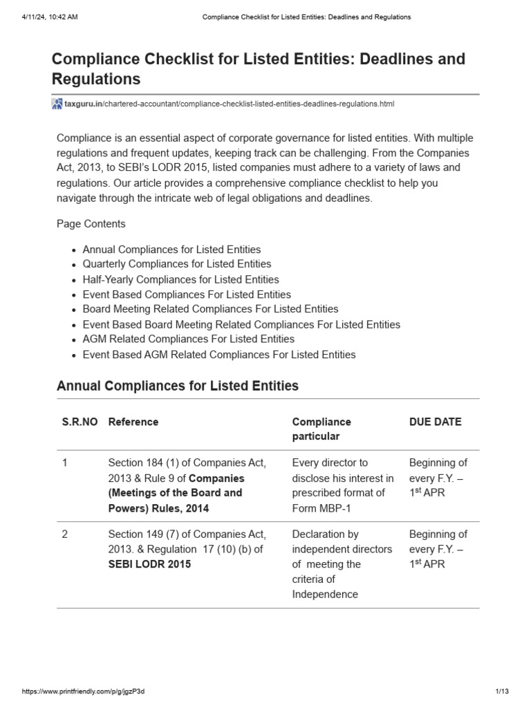 Compliance Checklist For Listed Entities - Deadlines and Regulations | PDF | Audit | Business