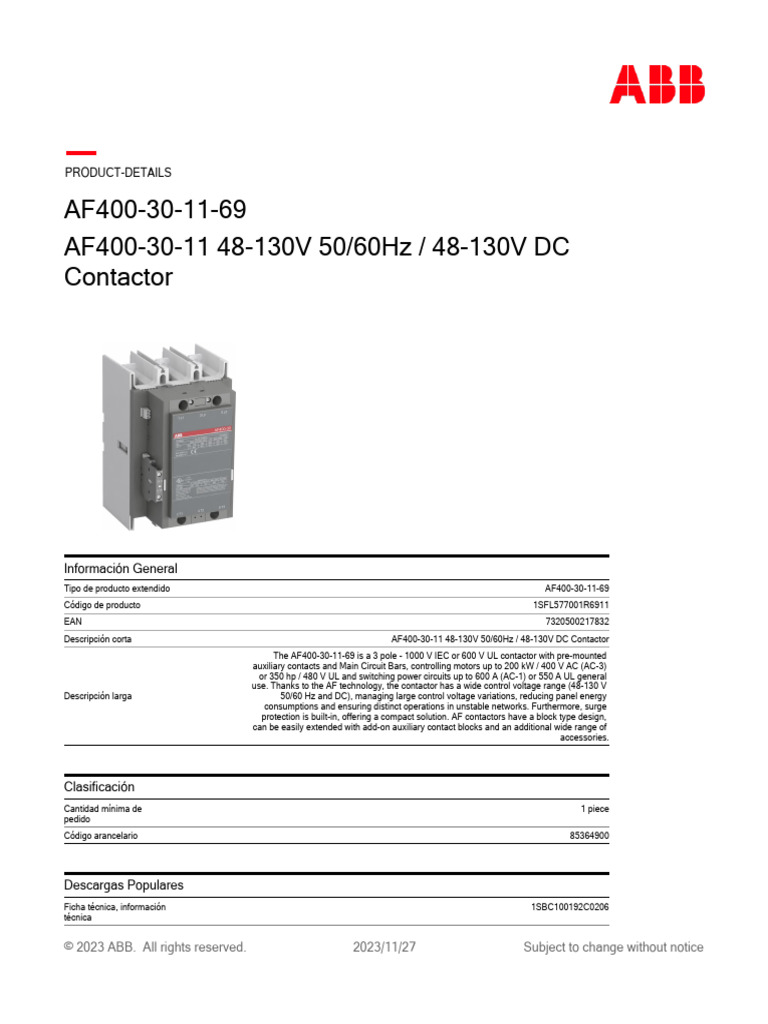 Abb Control Ficha Tecnica Contactor Tripolar 400 Bobina 48-130 Vac-Dc Tipo Af400-30-22-69 ...
