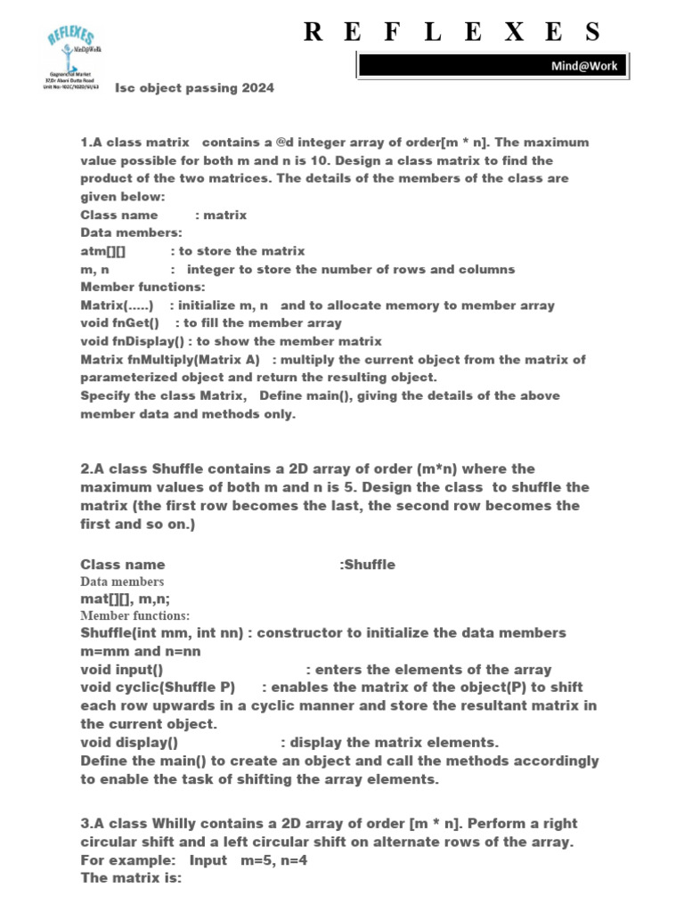 Isc Object Oriented Programming Pdf Matrix Mathematics Method Computer Programming 5830