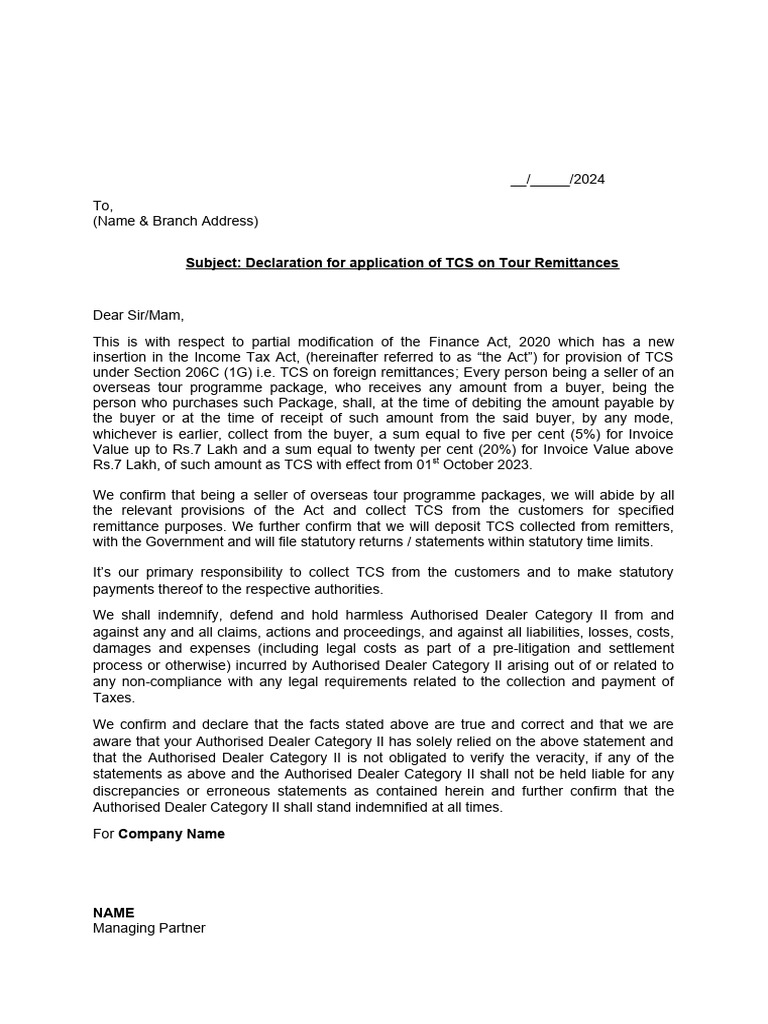 TCS Declaration Tour Operators | PDF