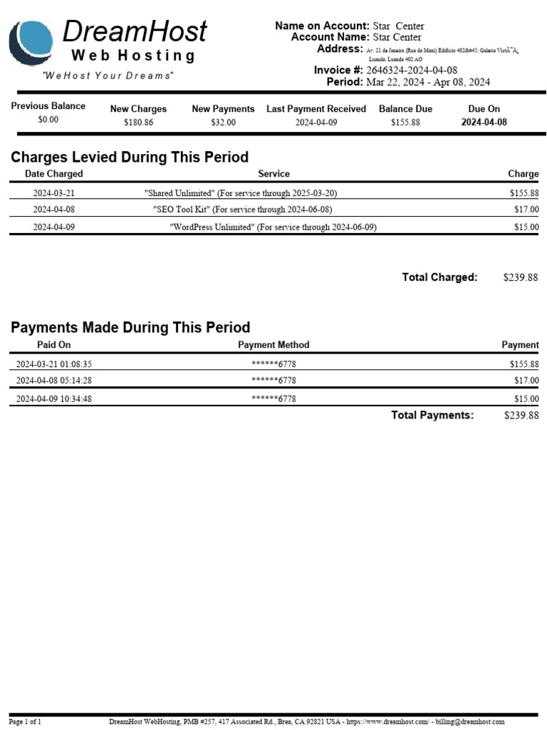 DreamHost Payment Summary for Star Center | PDF | Online Services | Web ...