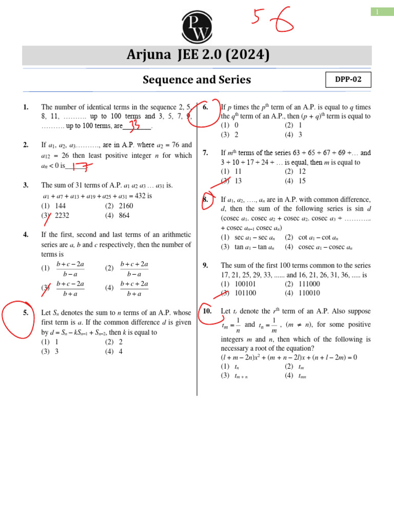 Sequence and Series - DPP 2 (Of Lec 03) - Arjuna JEE 2.0 2024 | PDF | Elementary Mathematics ...