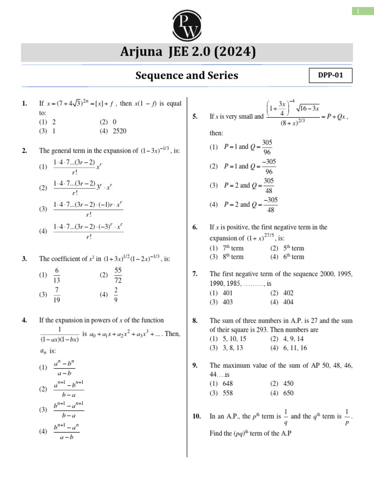 Sequence and Series - DPP 1 (Of Lec 02) - Arjuna JEE 2.0 2024 | PDF