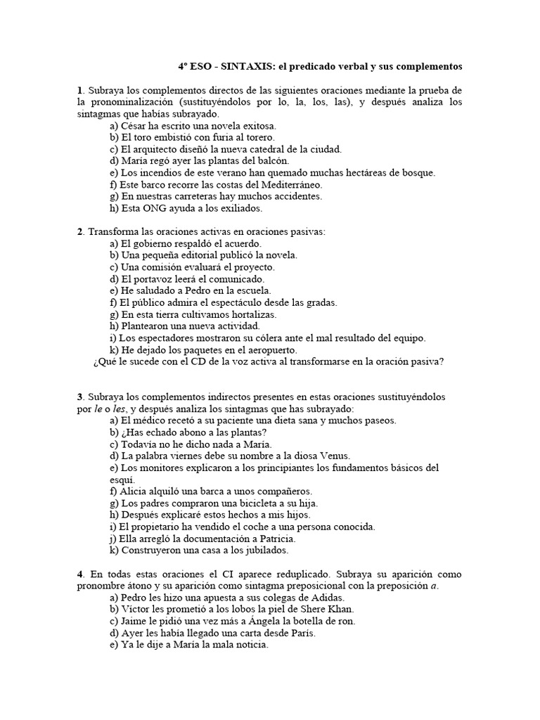 4c2ba-eso-el-predicado-verbal-y-sus-complementos | PDF | Predicado (Gramática) | Mecánica del ...