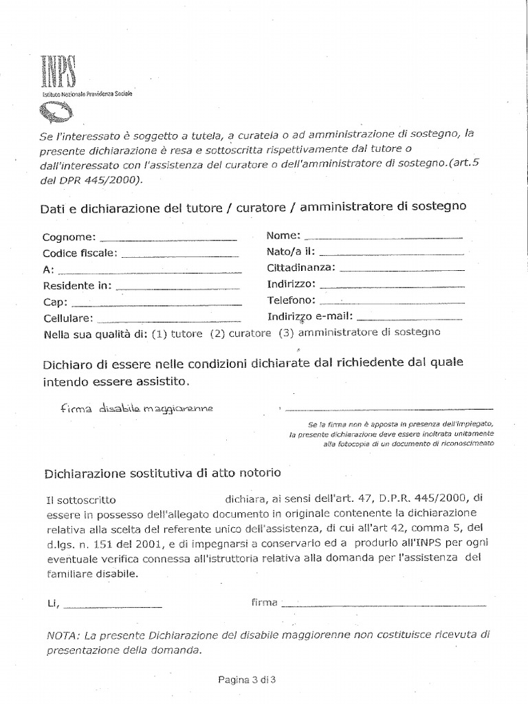 Dichiarazione Firmata Disabile Maggiorenne (1) | PDF