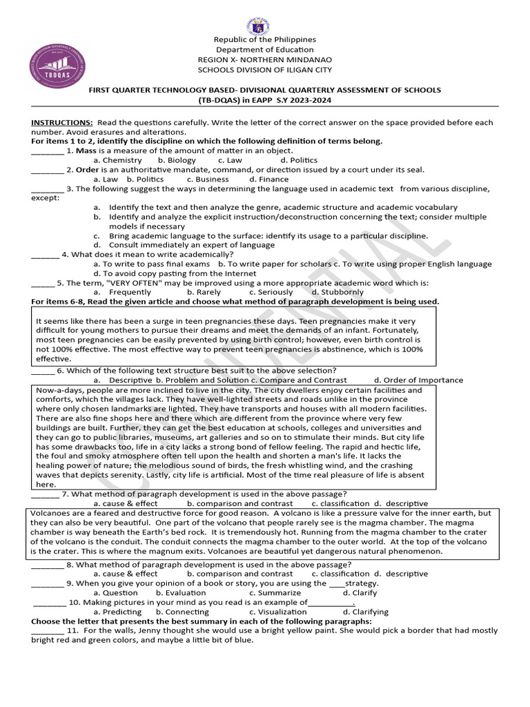 Grade 12 Test Items - Eapp-Tb-Dqas | PDF | Essays | Volcano