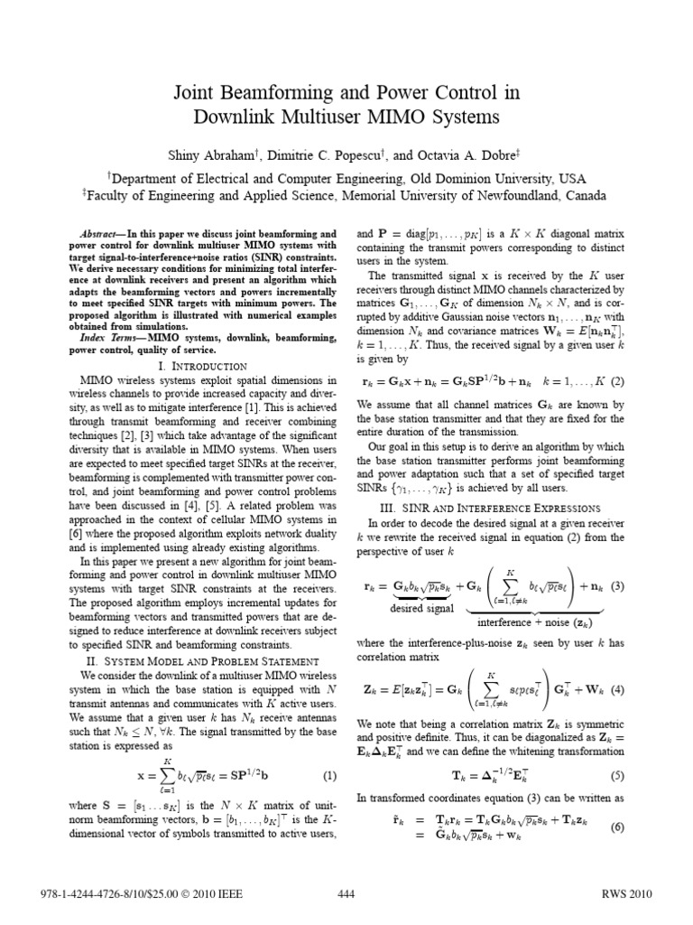 Joint Beamforming and Power Control in Downlink Multiuser MIMO Systems | PDF | Eigenvalues And ...