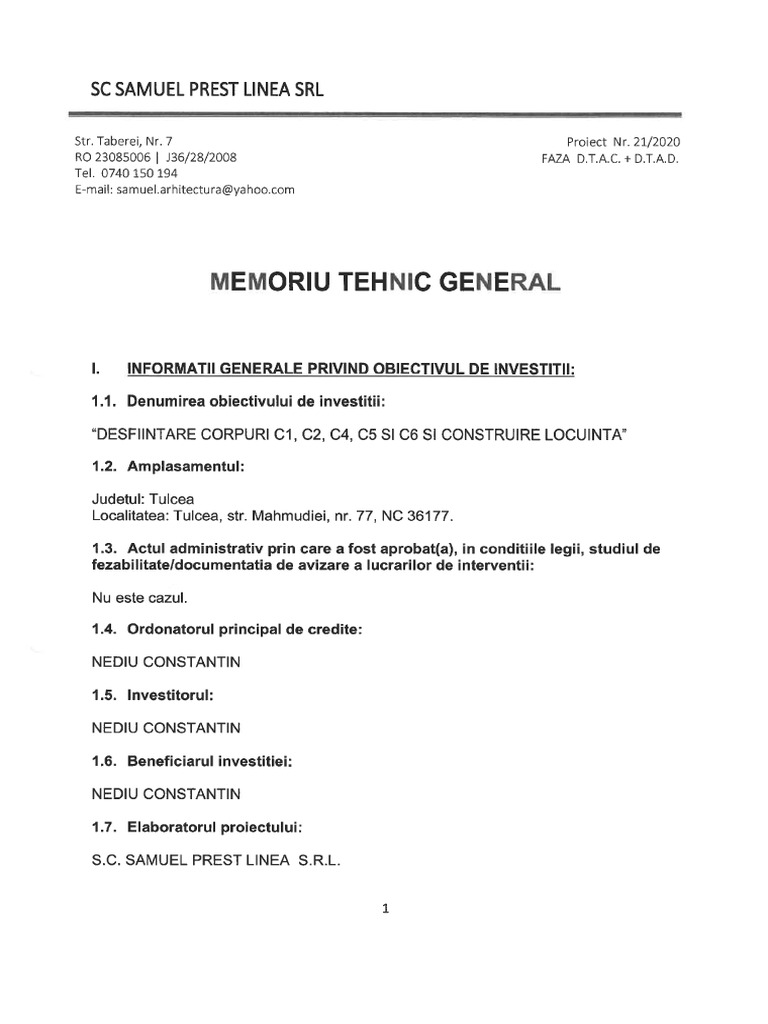 Memoriu Tehnic General | PDF