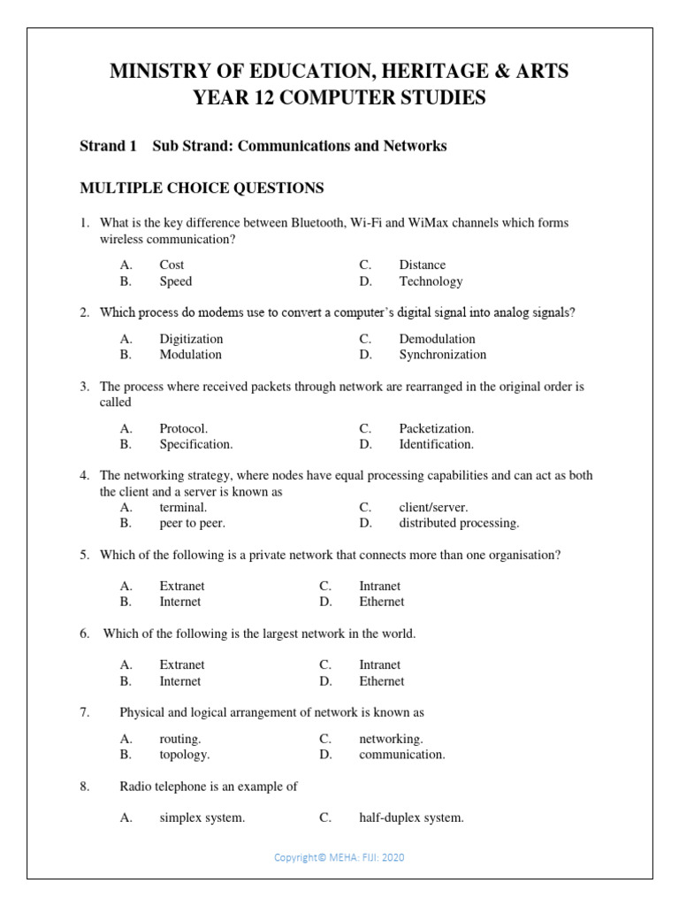 Year 12 - Computer Studies Worksheet 3 | PDF | Computer Network ...