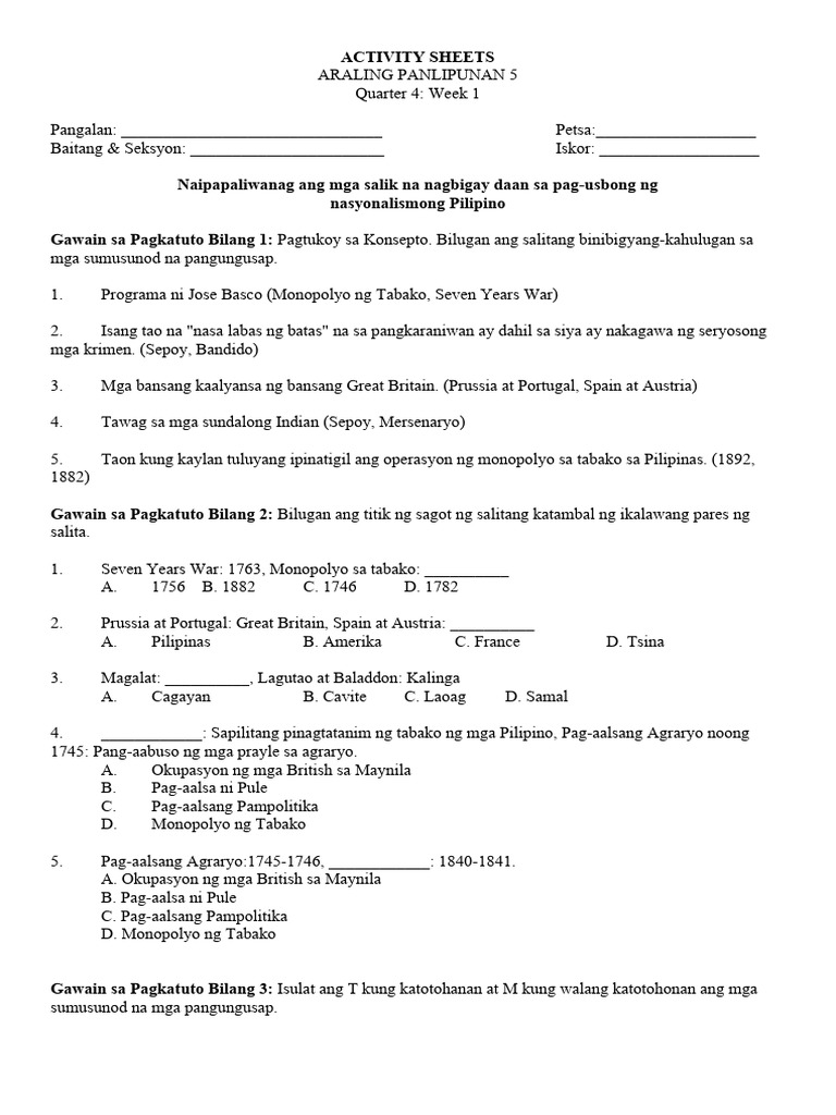 AP 5 Activity Sheet Q4 W1 | PDF
