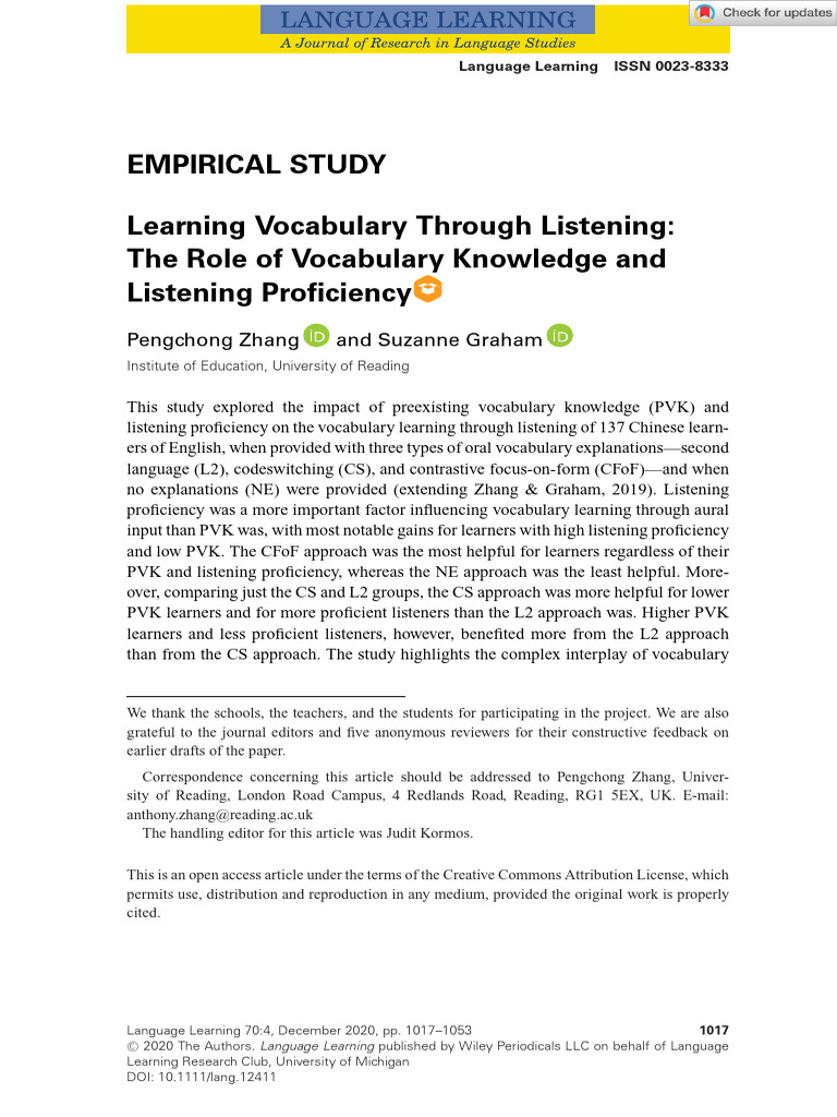 Language Learning - 2020 - Zhang - Learning Vocabulary Through Listening The Role of Vocabulary ...