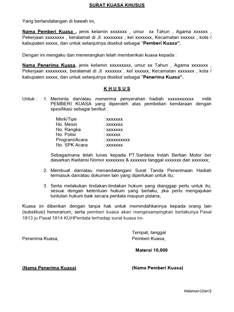 Surat Kuasa Pengambilan Hadiah - CS | PDF