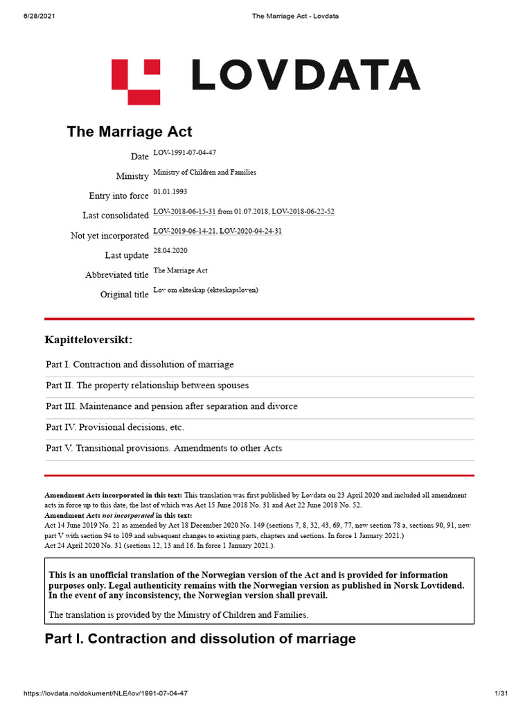 The Marriage Act - Lovdata | PDF | Marriage | Divorce