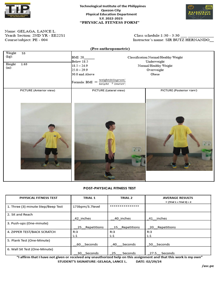 Gelaga Pre PFT Form 1 | PDF | Body Mass Index | Human Body Weight