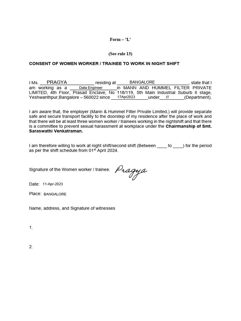 Undertaking For Night Shift | PDF