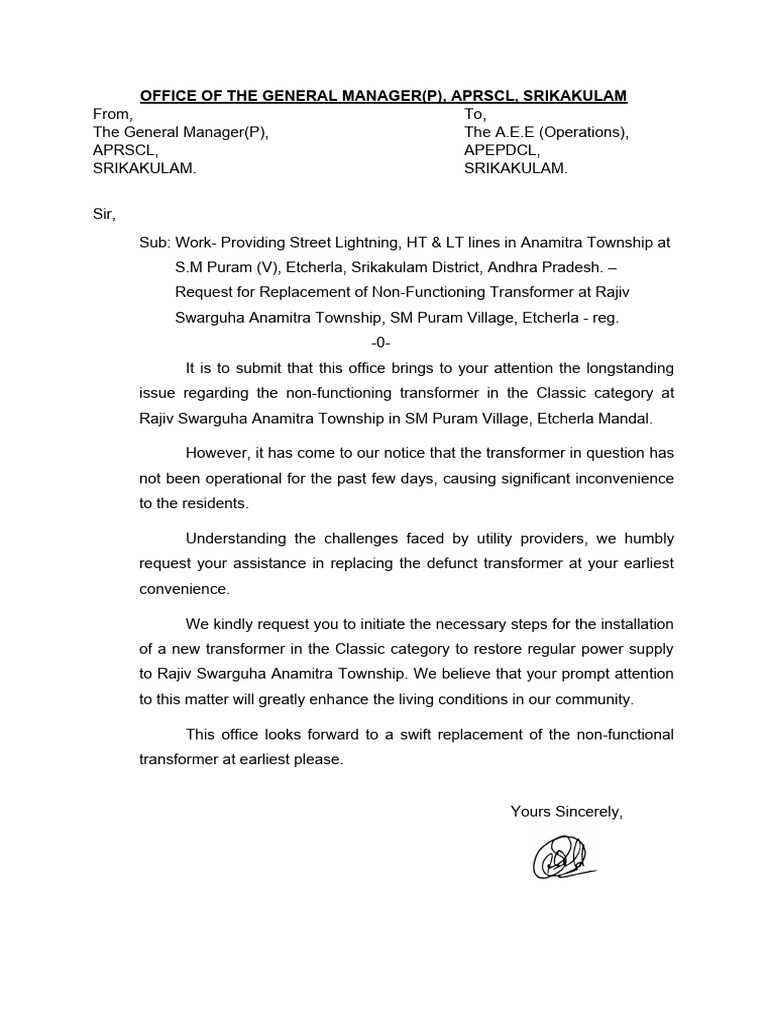 LETTER TO AEE APEPDCL FOR Exchange of Transofrmer | PDF