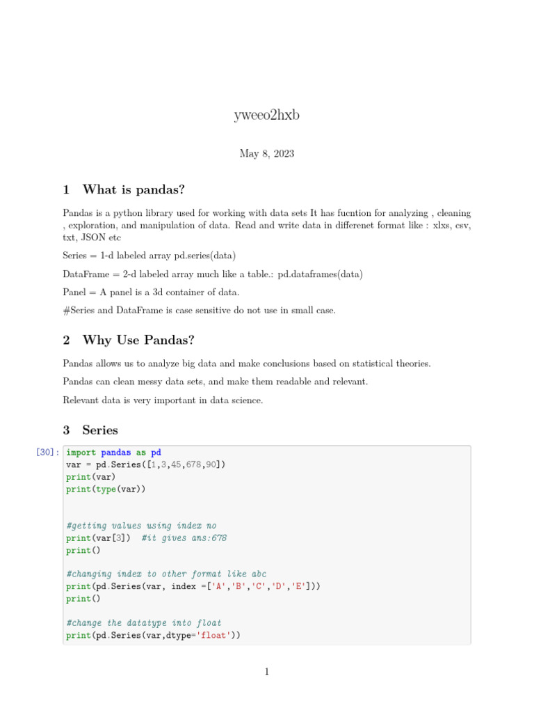 Pandas Notes | PDF | Computing | Computer Programming Pandas Notes | PDF | Computing | Computer Programming