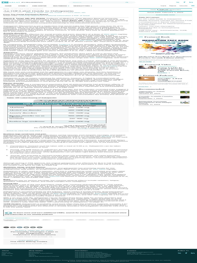 An Off-Label Guide To Gabapentin 2022-01-31 CARLAT PUBLISHING | PDF ...