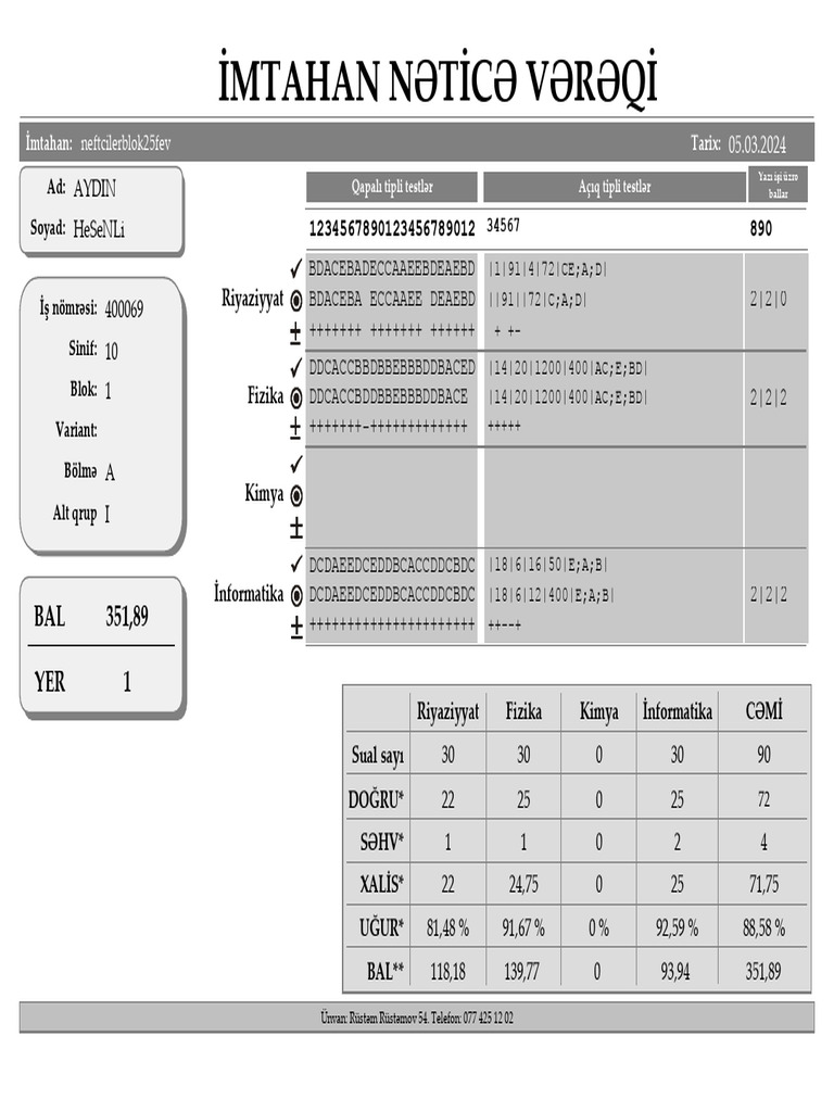 İmtahan Nəticə Vərəqi: Neftcilerblok25fev | PDF