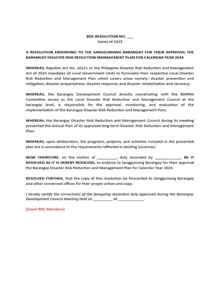 Draft Barangay Sanggunian and Sectoral Resolutions | PDF | Emergency ...