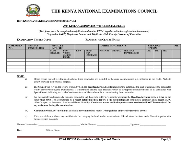 2024 - KPSEA Candidates With Special Needs | PDF | Visual Impairment ...