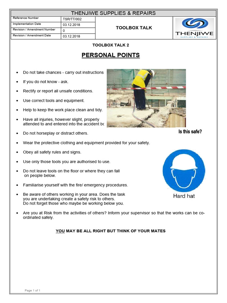 Toolbox Talk 2 - Personal Points_0 | PDF | Occupational Safety And ...