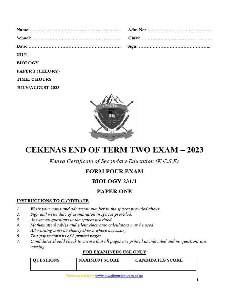 Biology Pp1 Questions CEKENAS Mocks 2023 | PDF | Biology
