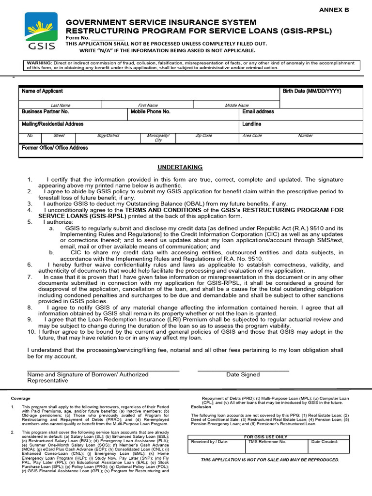 GSIS Restructuring Program Application Form | PDF | Loans | Interest
