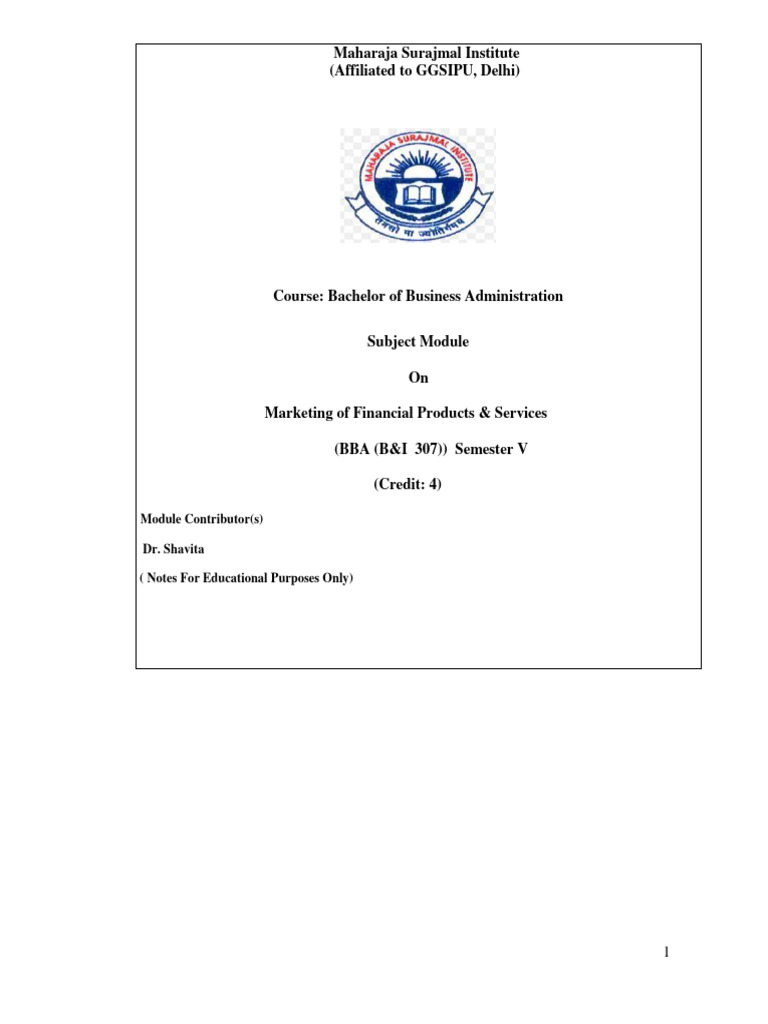 Marketing of Financial Products & Services - Code 307 - BBA (B & I ...